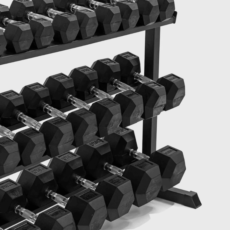 Force Fitness 2.5kg - 30kg Rubber Hex Dumbbell Set + Rack - Gym Gear